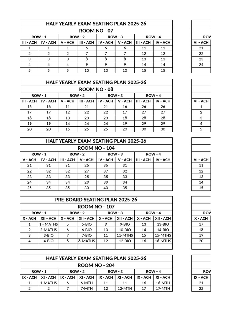 Half Yearly Seating Plan 25-26 | PDF
