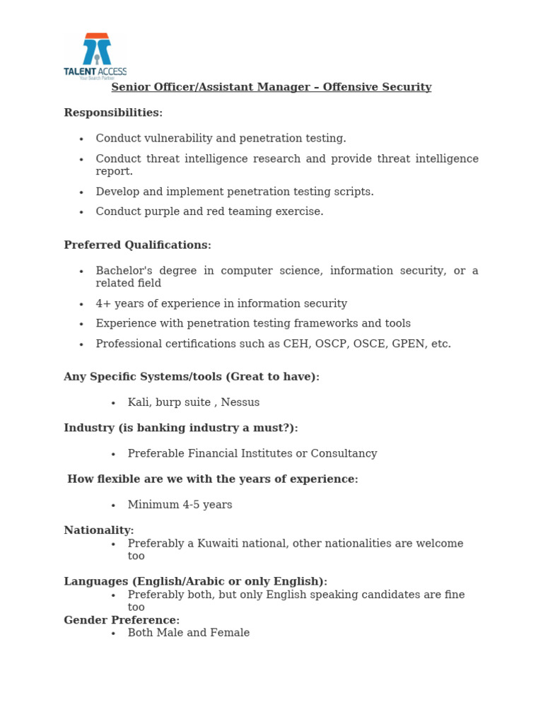 Senior Officer - Offensive Security Role | PDF