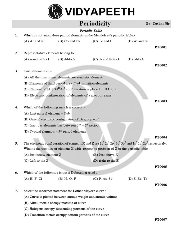 DPP Periodicity Tushar Sir | PDF | Periodic Table | Ionization