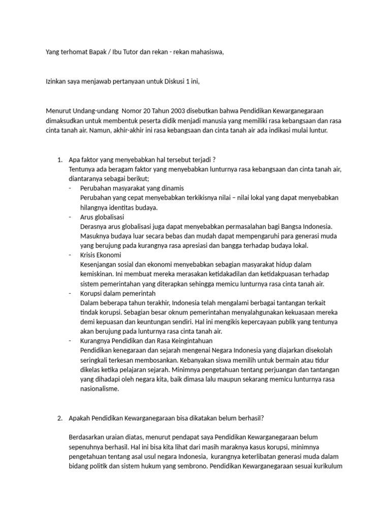 Diskusi 1 Semester 2 Pendidikan Kewarganegaraan | PDF