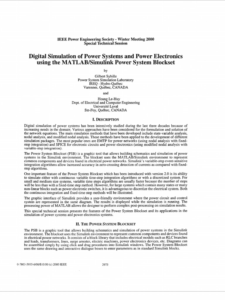 Digital Simulation of Power Systems and Power Electronics Using The MATLAB-Simulink Power System ...