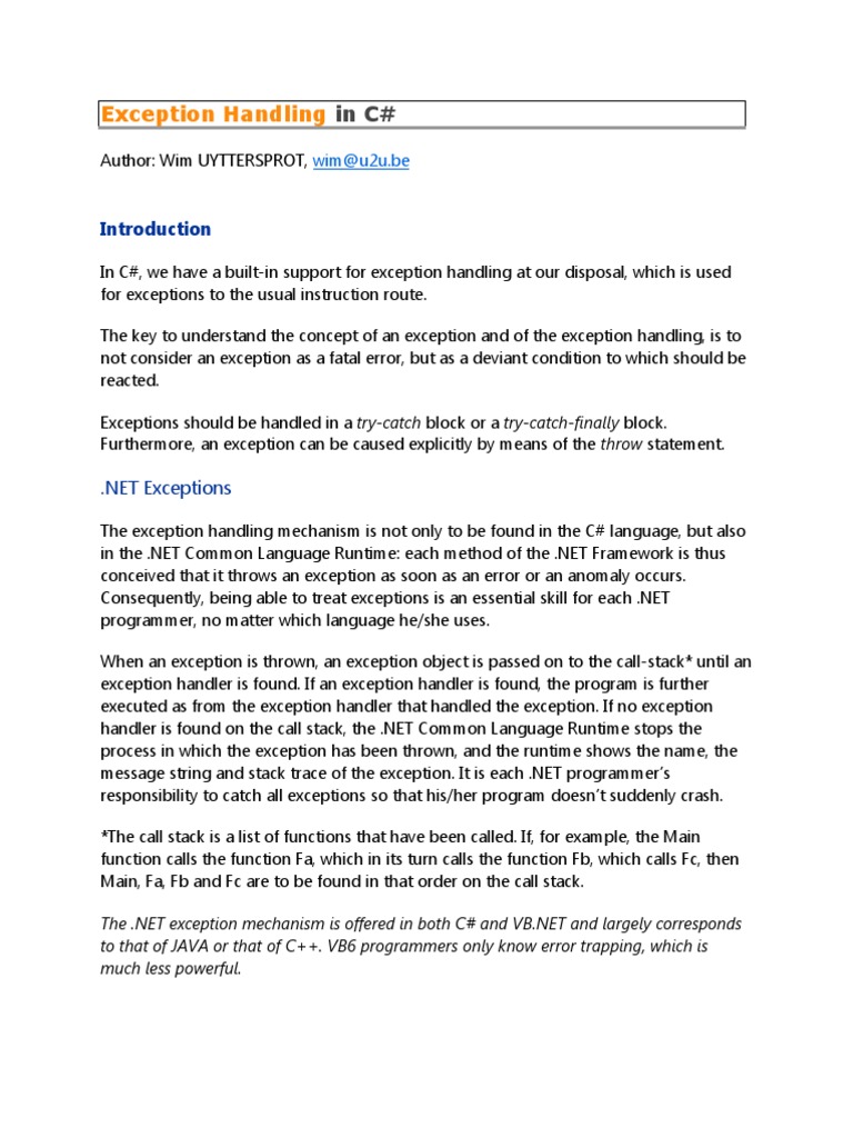 Exception Handlingc# | PDF | C Sharp (Programming Language) | C (Programming Language)