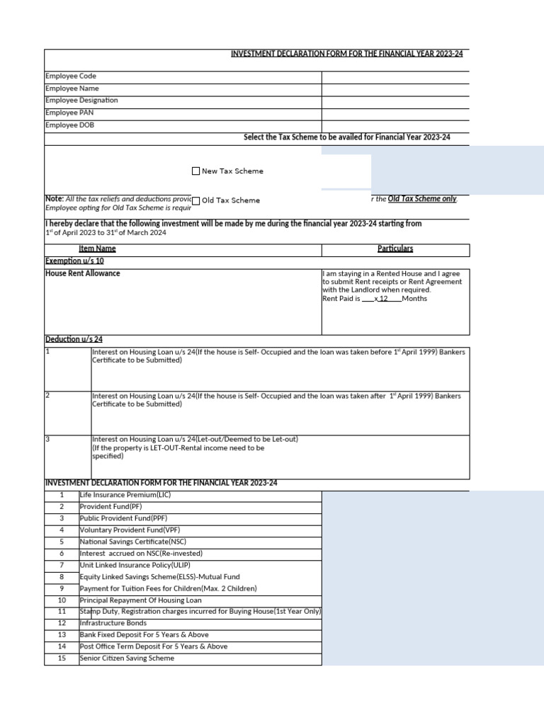 Investment Declaration Form 2023-24 | PDF | Tax Deduction | Public Finance