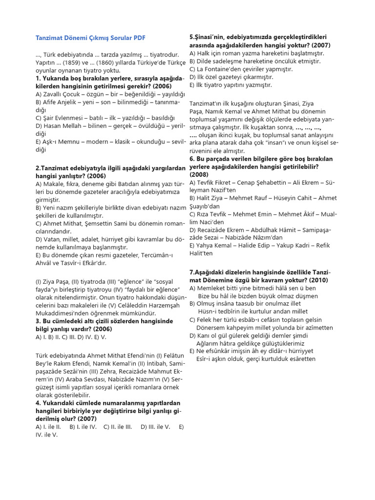 Tanzimat Dönemi Çıkmış Sorular Klasikhocacom | PDF