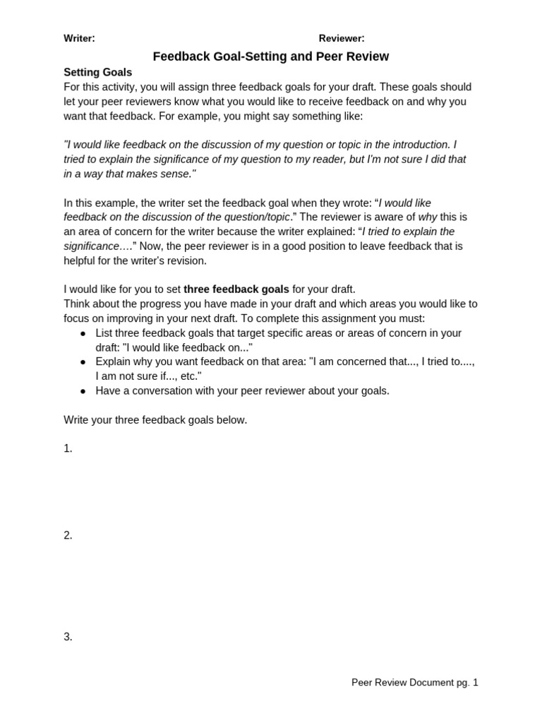 Peer Review and Feedback Goals Guide | PDF | Peer Review | Goal Setting