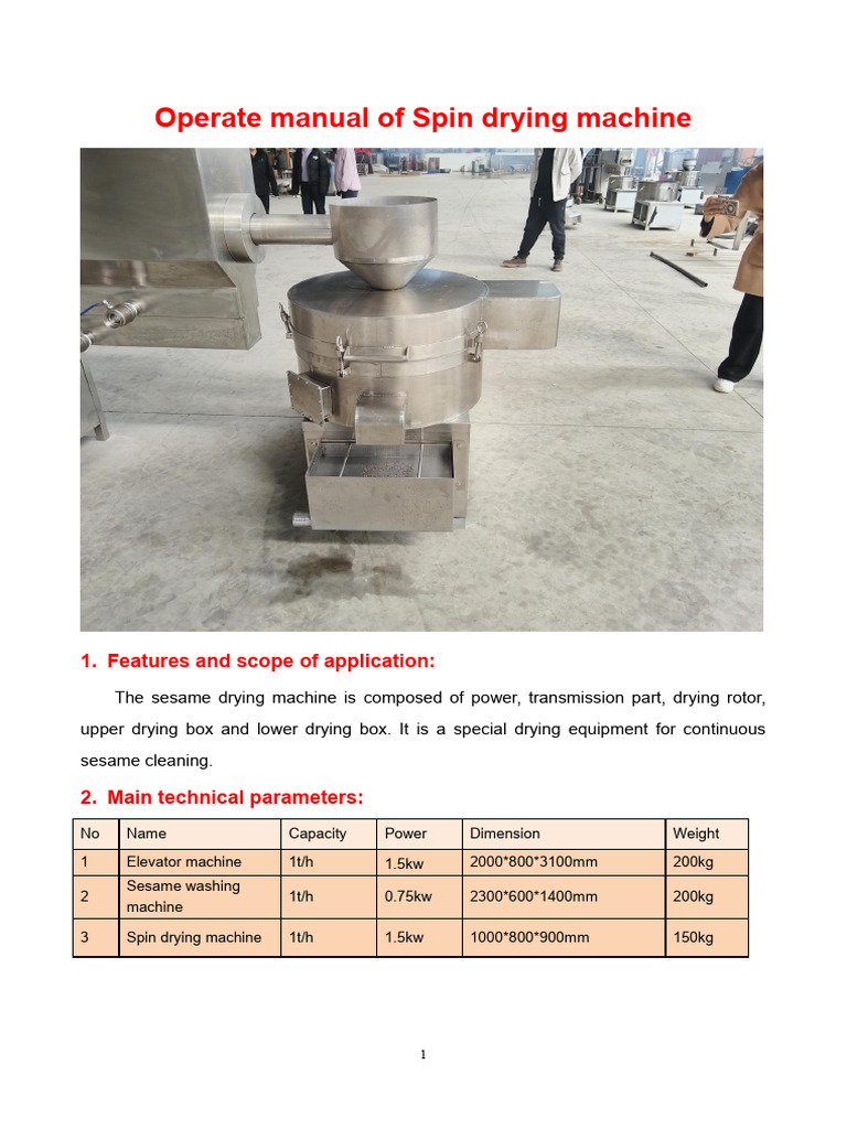 Spin Drying Machine Operation Manual | PDF