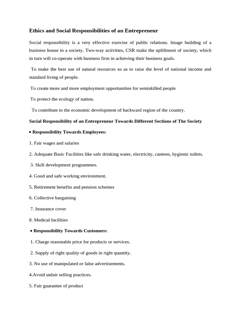 Entrepreneurial Ethics and Responsibilities | PDF | Employment ...