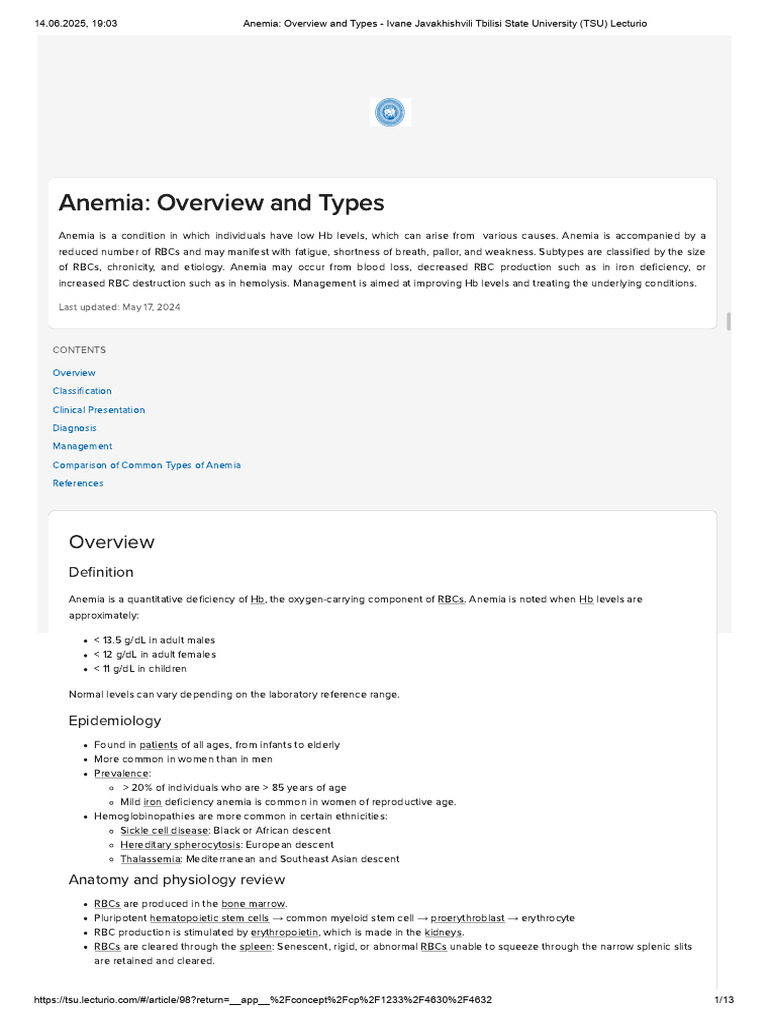 Anemia Types and Overview Guide | PDF | Anemia | Red Blood Cell