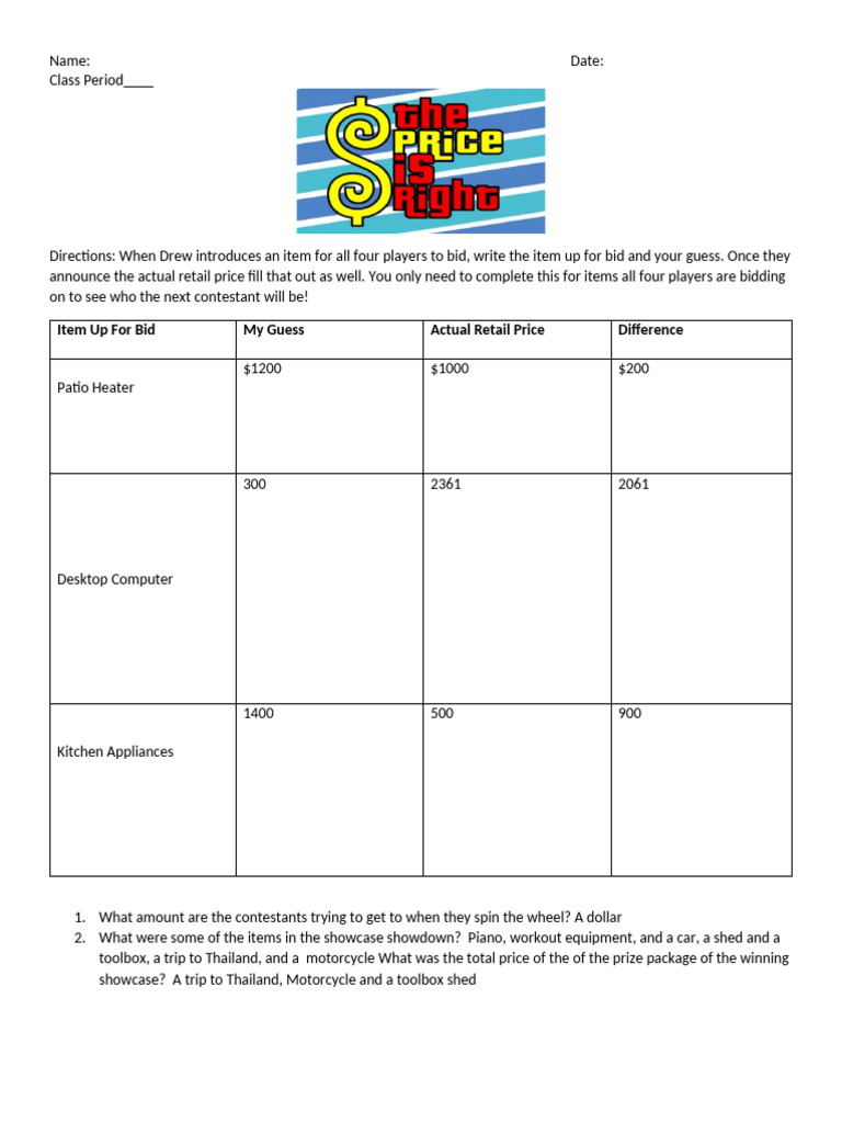 PriceisRightWorksheet 1 | PDF