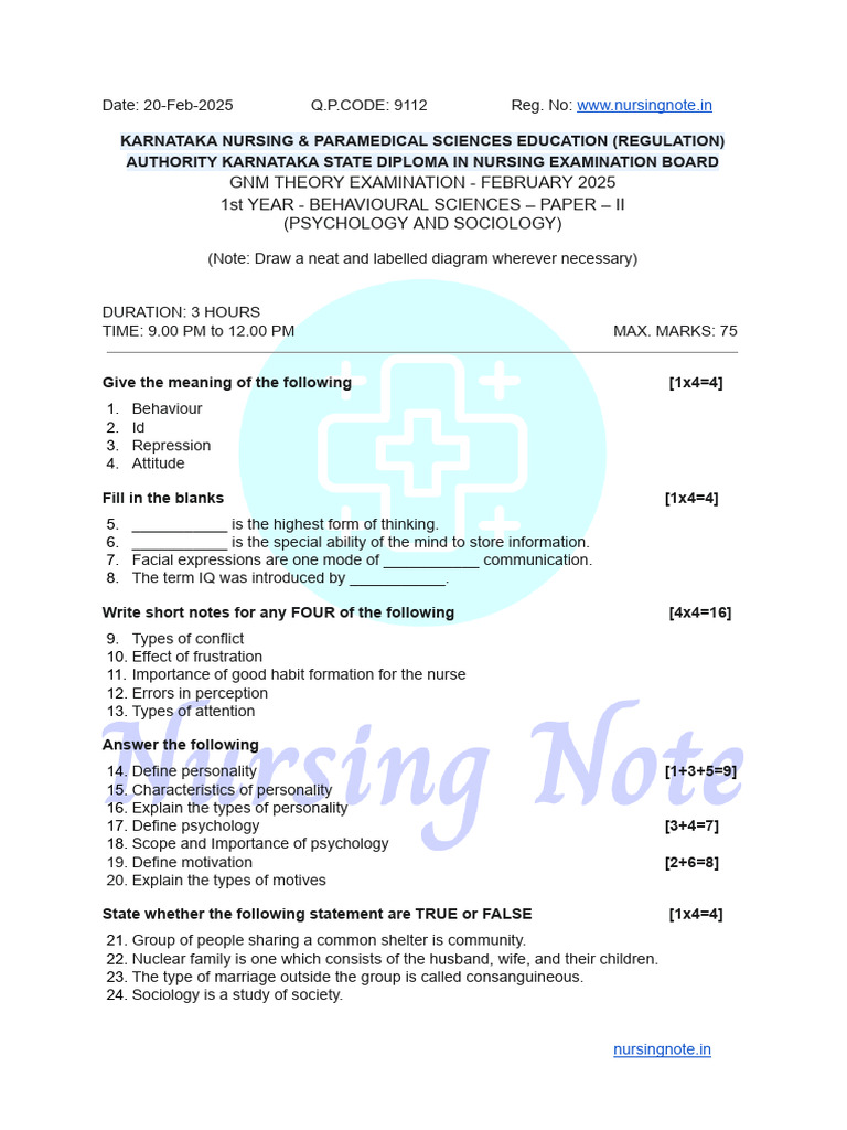 BEHAVIOURAL SCIENCE - February 2025 (Nursingnote - In) | PDF | Chess ...