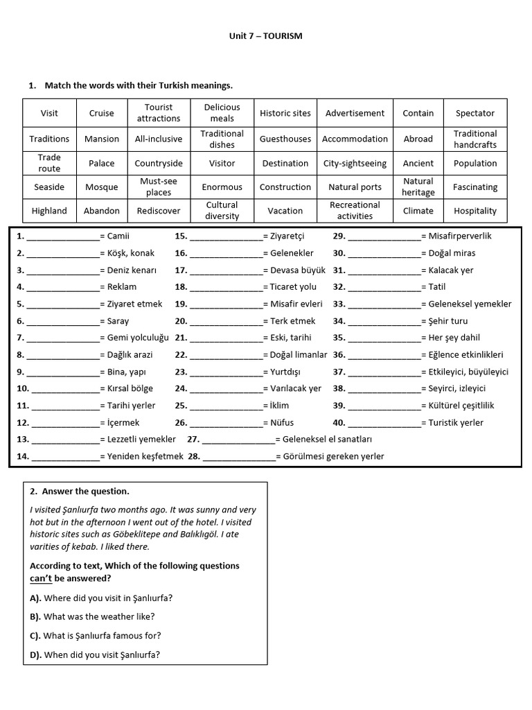 8.worksheets - Unit7 4 | PDF | Tourism | Chess Openings