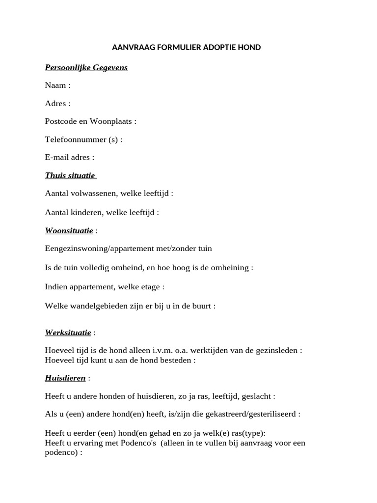 Aanvraag Adoptieformulier Blanco Div | PDF