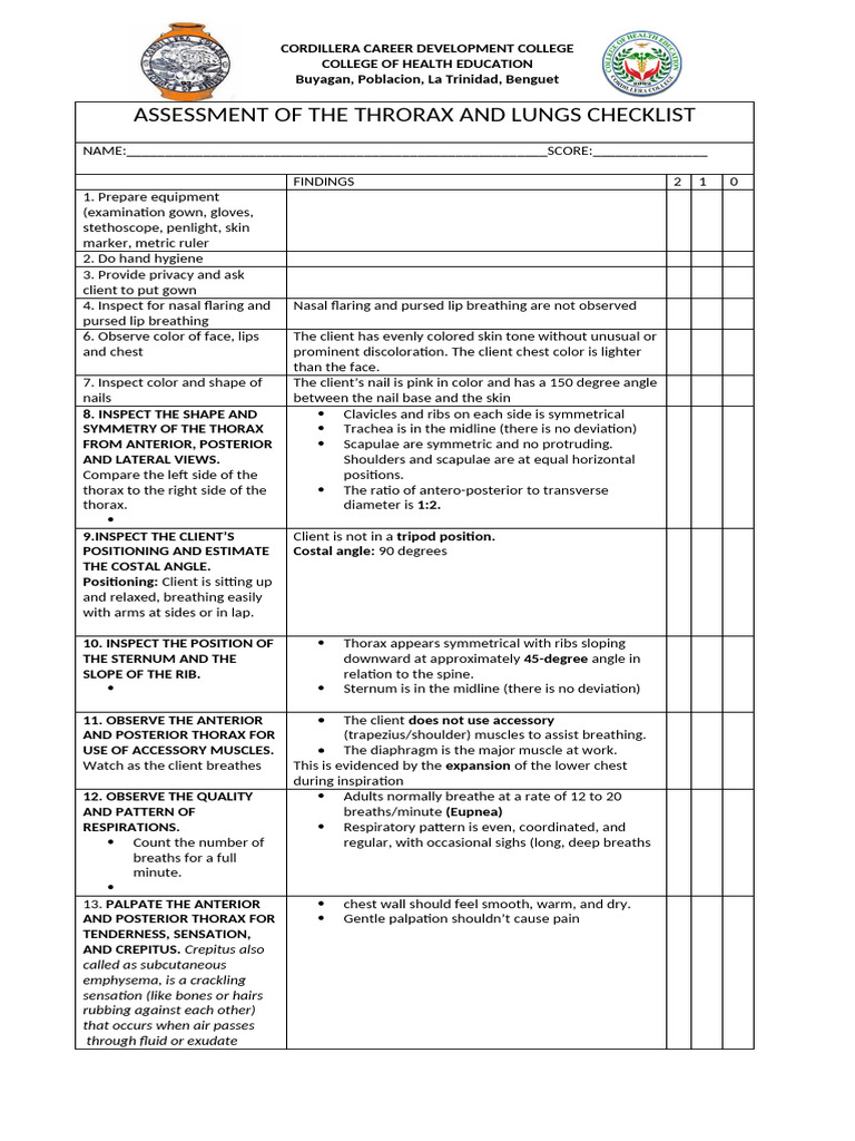 Assessment of The Throrax and Lungs Checklist | PDF | Thorax | Breathing