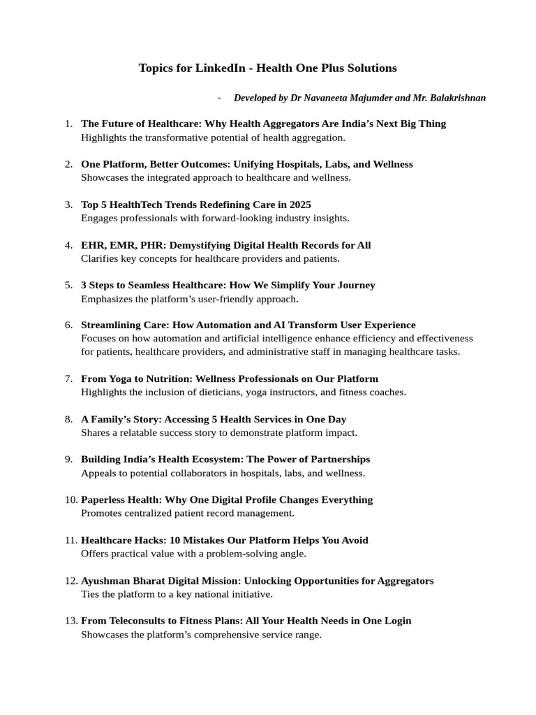 Revised Topics - Health One Plus Solutions | PDF | Electronic Health ...