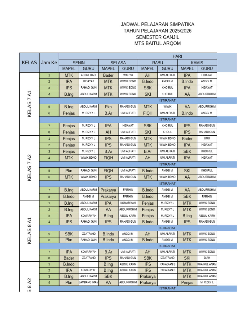 Jadwal Pelajaran MTS Baitul Arqom 2025 | PDF