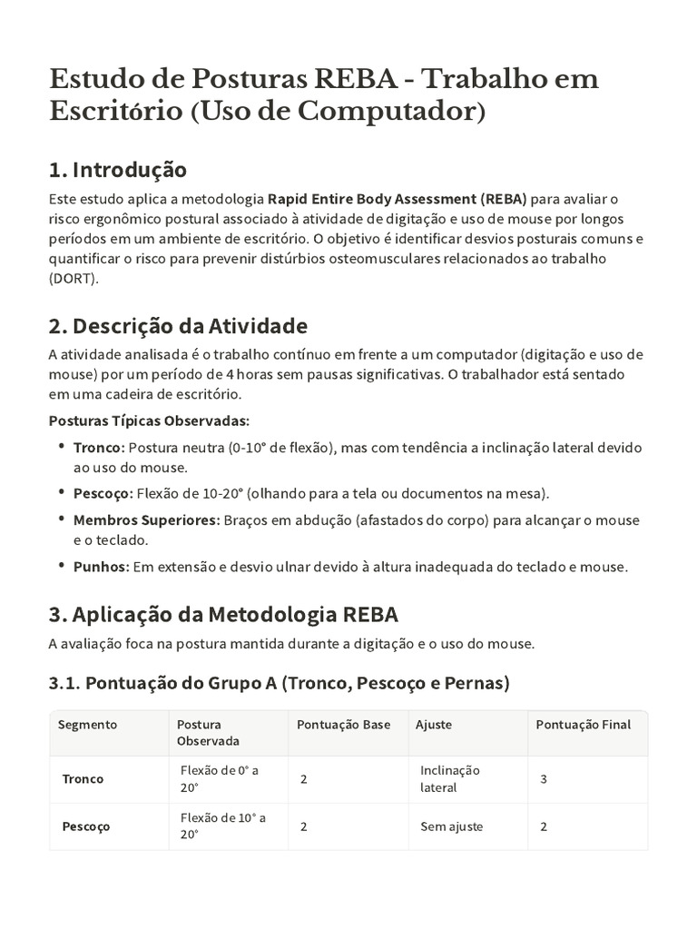 Avaliação Ergonômica REBA em Escritórios | PDF