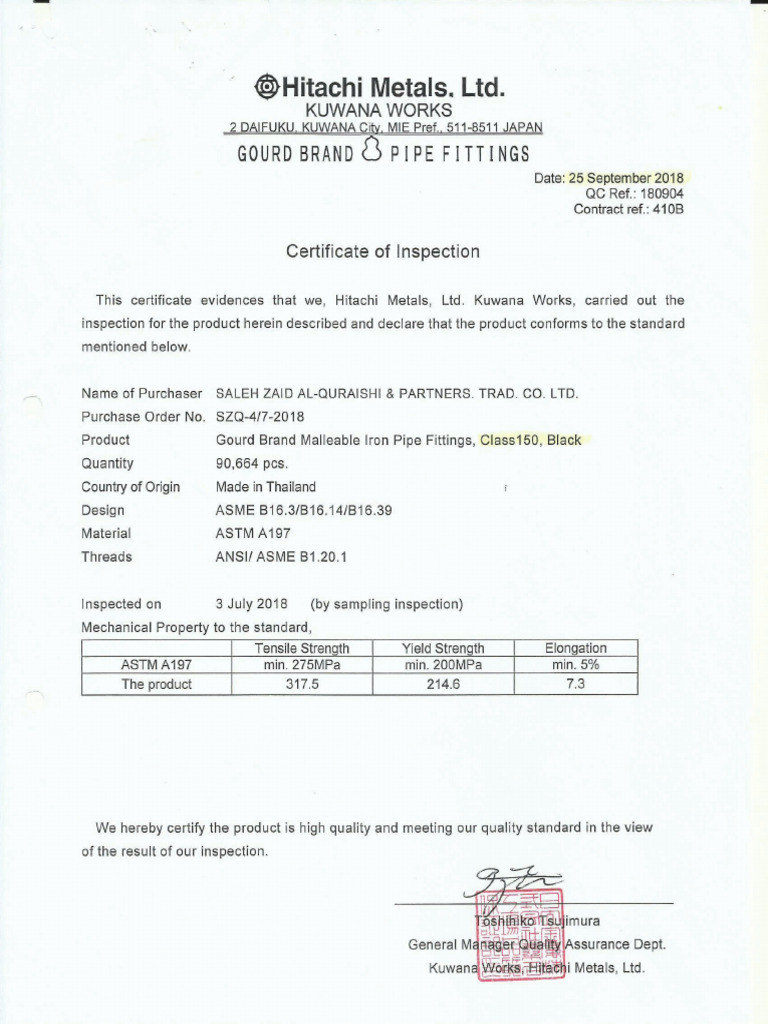 Fittings C150 Test Certificates | PDF | Ductility