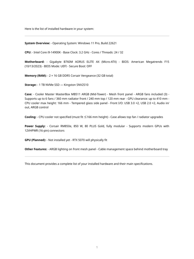 Installed Hardware Specifications List | PDF