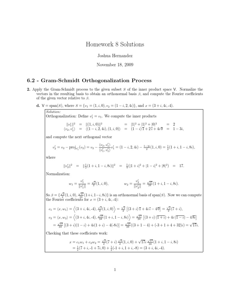 Homework 8 Solutions: 6.2 - Gram-Schmidt Orthogonalization Process | PDF | Basis (Linear Algebra ...