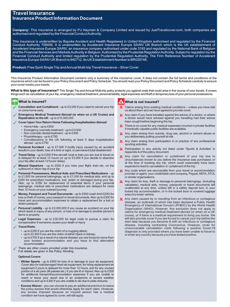 Travel Insurance: Insurance Product Information Document | PDF | Insurance