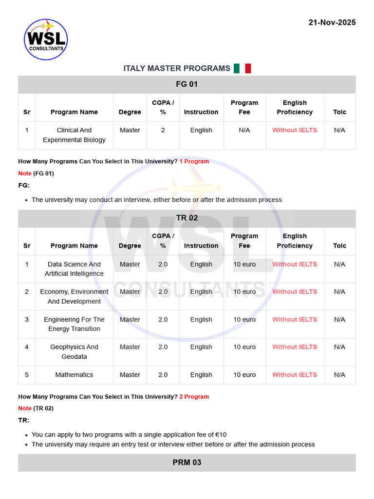 Italy Master Programs Overview 2025 | PDF | International English ...
