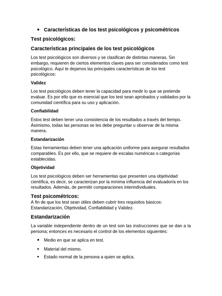Características de Test Psicológicos y Psicométricos | PDF | Validez ...