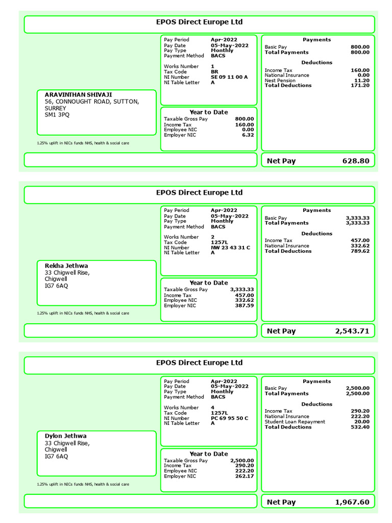 1.EPOS Direct Europe LTD - Employee Payslip For Apr-2022 | PDF ...