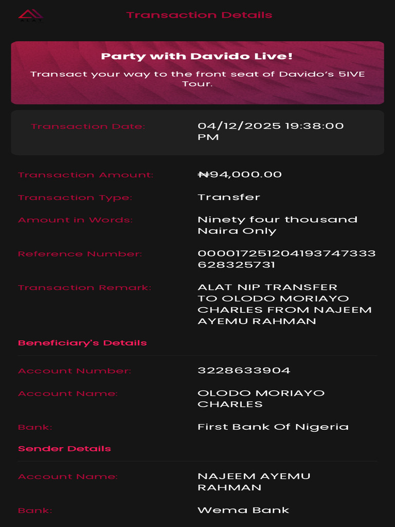 ALAT Transfer Receipt - OLODO MORIAYO CHARLES - 3228633904 - 94,000.00 ...