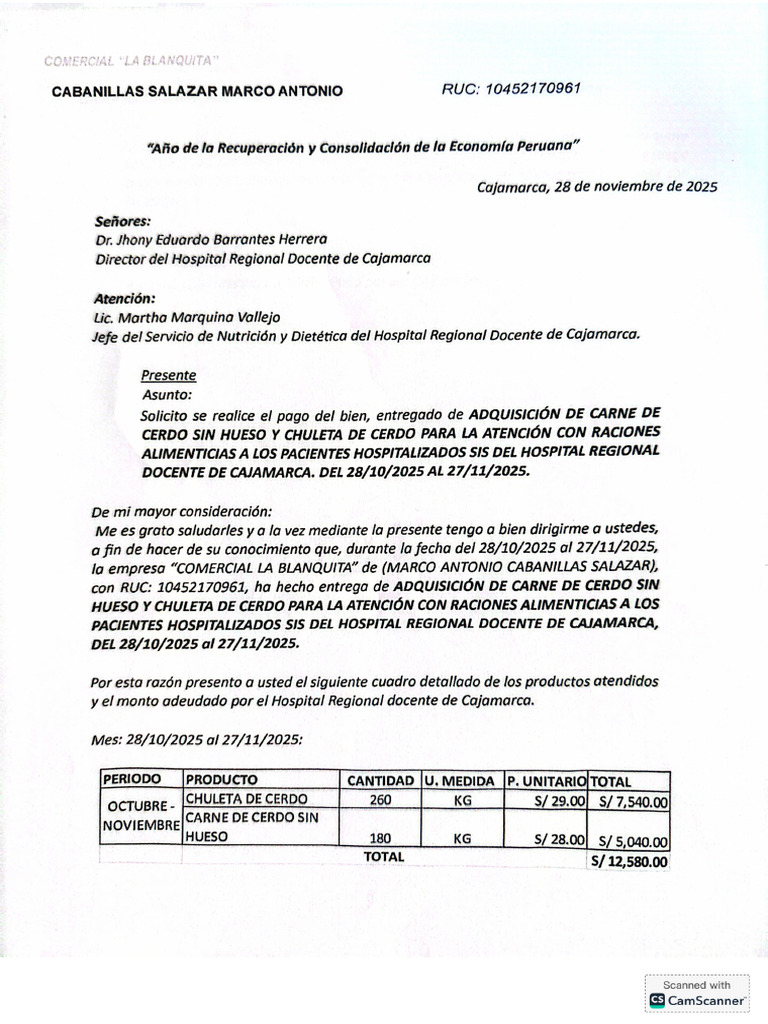 Solicitud de Adeudo HRDC Chuleta y Pulpa de Cerdo Noviembre | PDF