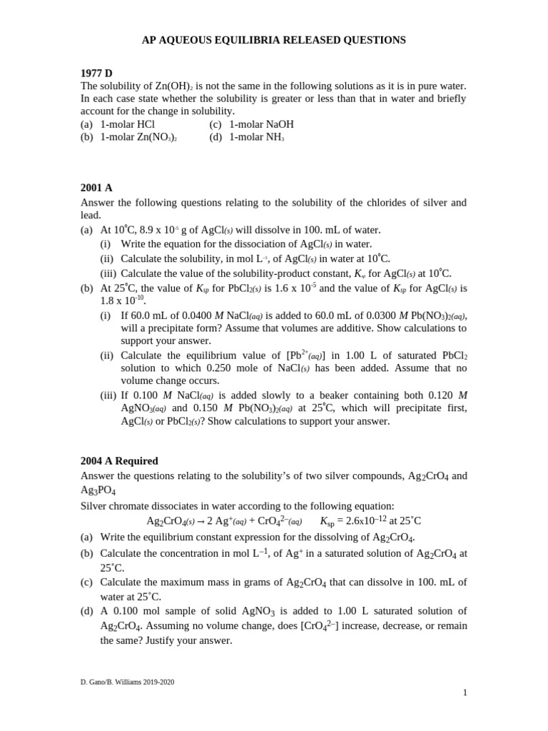 Aqueous Equilibria Solubility Questions | PDF | Solubility | Chemistry