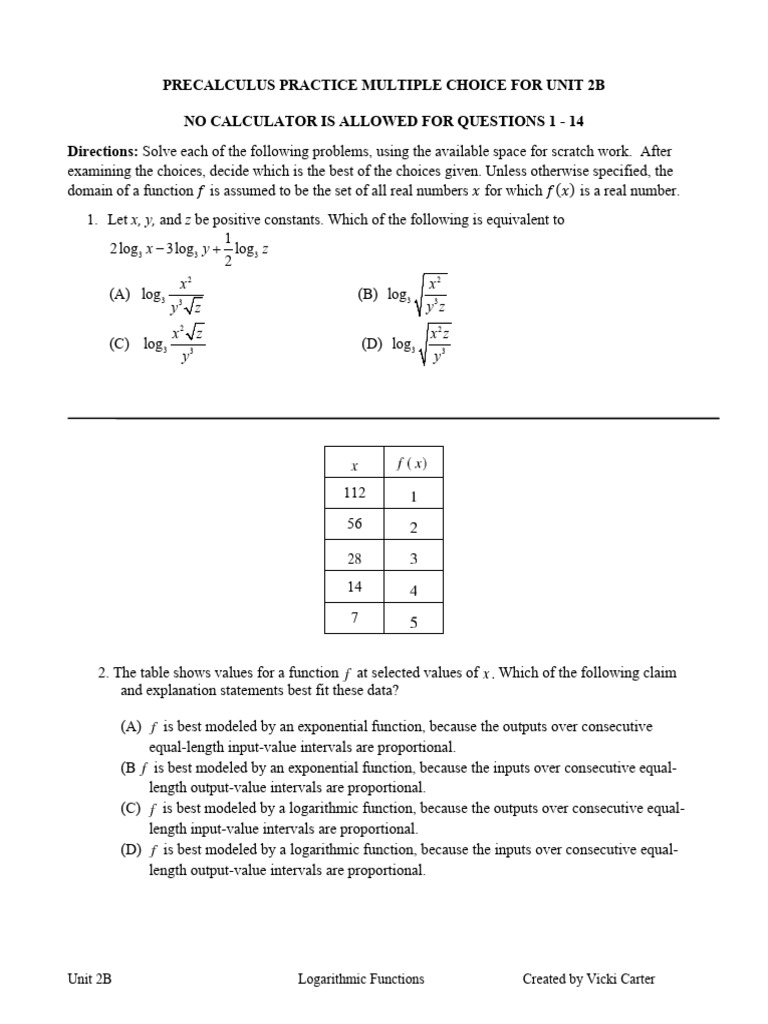 Logarithmic Functions Practice Quiz | PDF | Logarithm | Function ...