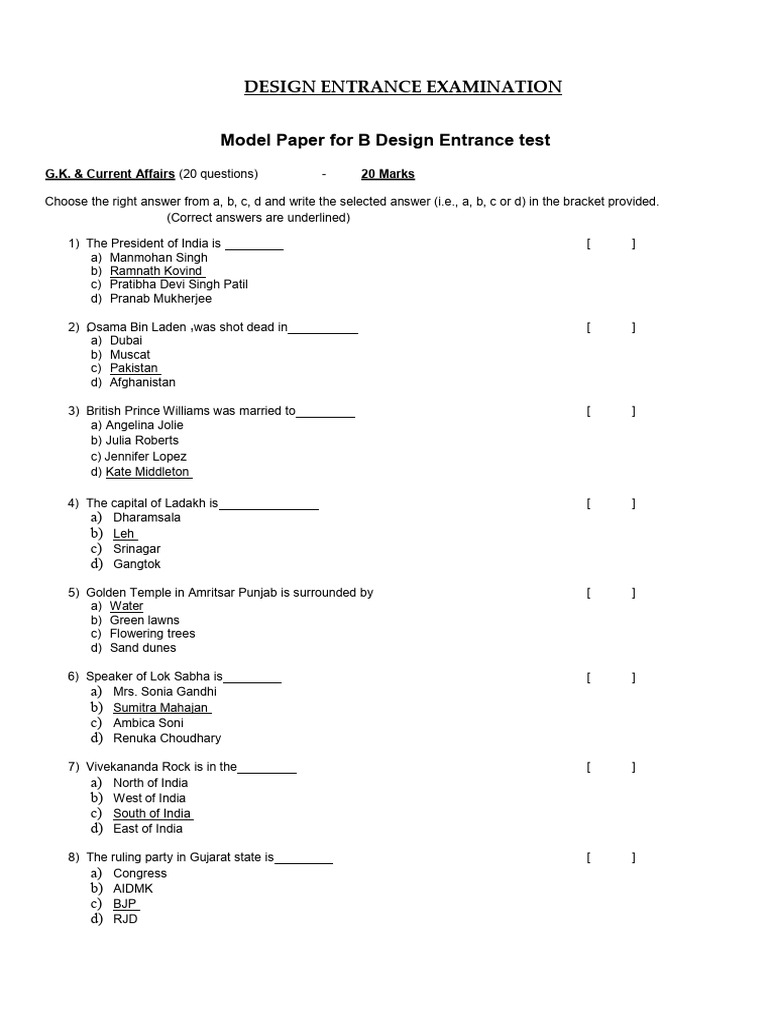 B Design Entrance Exam Model Paper | PDF