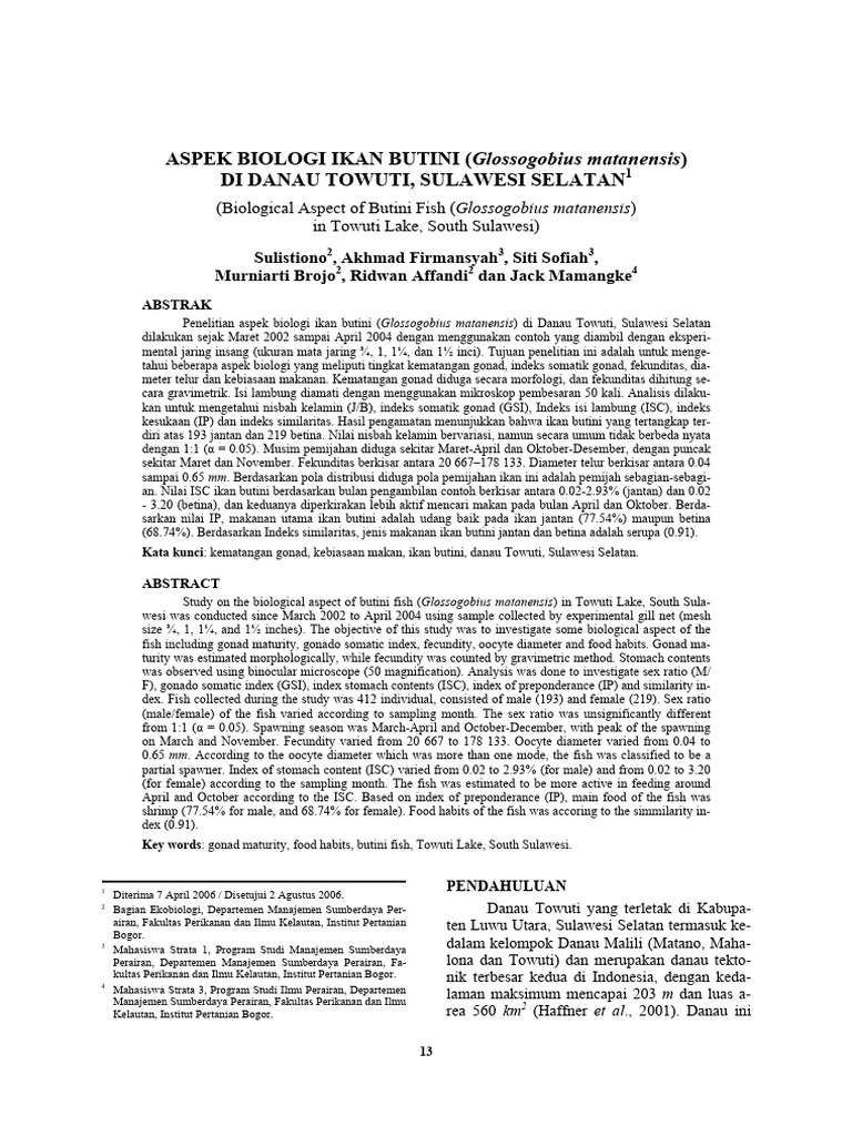 Aspek Biologi Ikan Butini di Danau Towuti | PDF