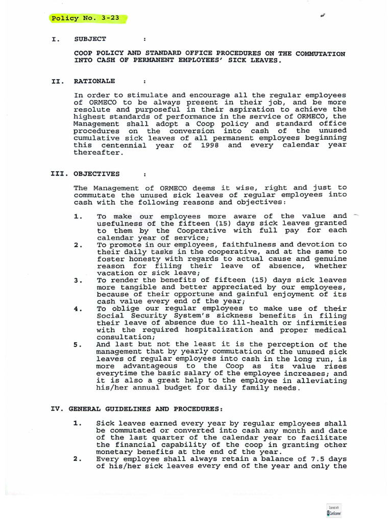 Policy No. 03-23 Policy On Sick Leave | PDF