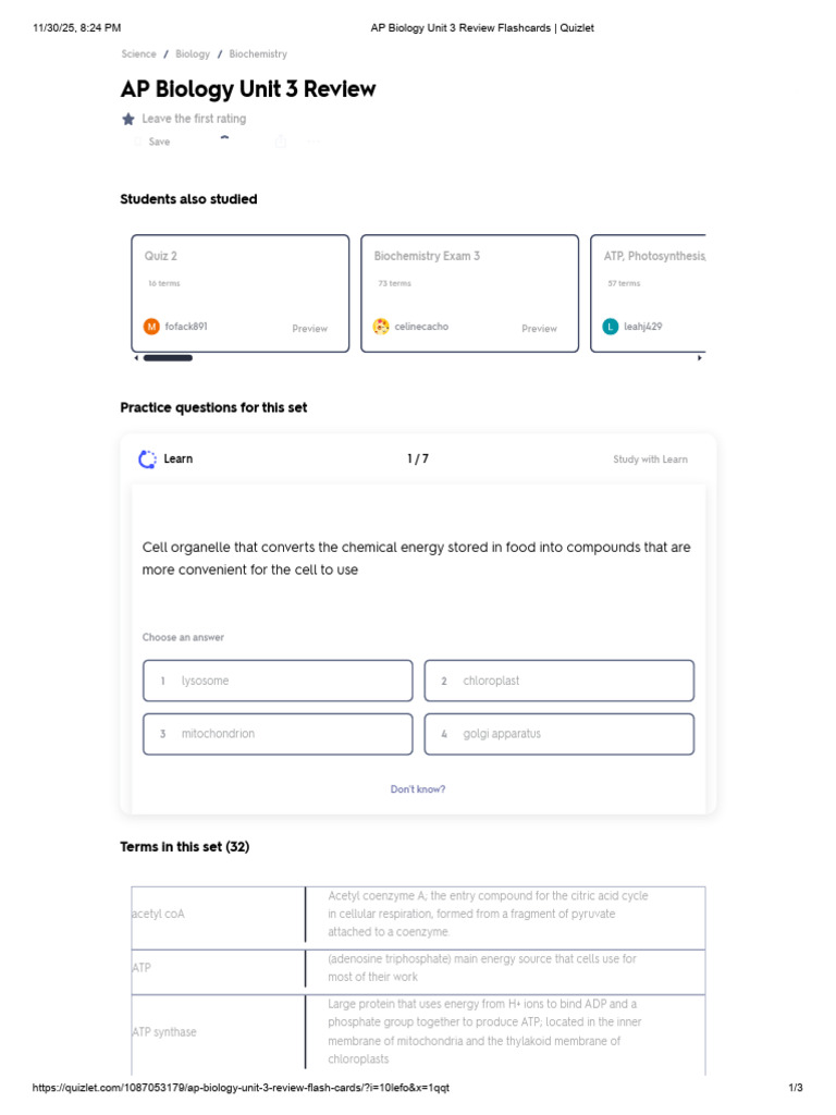 AP Biology Unit 3 Review Flashcards _ Quizlet | PDF | Adenosine ...
