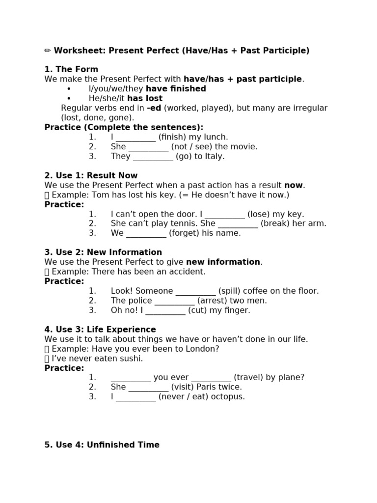 Worksheet Present Perfect (Have:Has + Past Participle) | PDF | Perfect ...