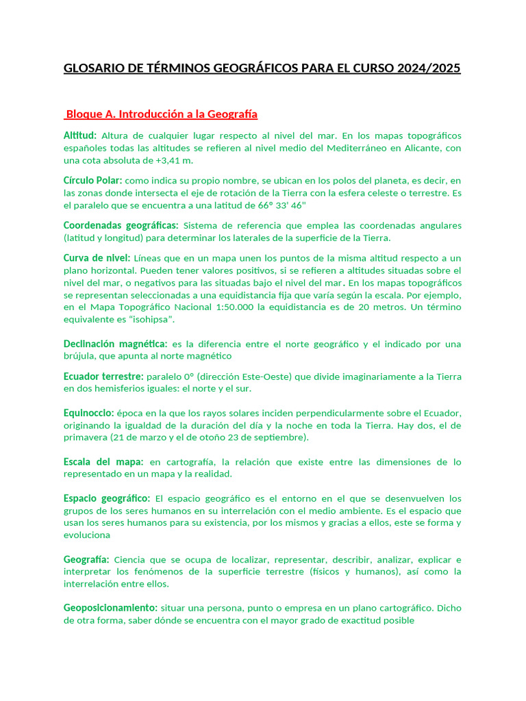 GLOSARIO DE TÉRMINOS GEOGRÁFICOS PARA EL CURSO 2024-25 en verde para ...