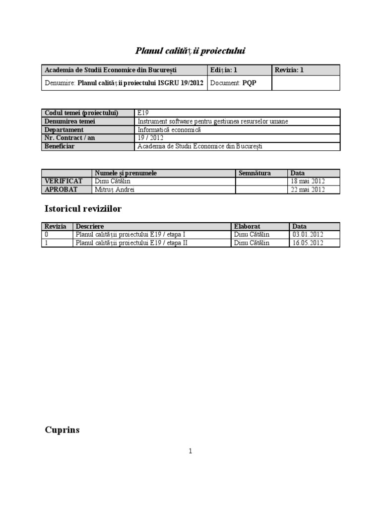 Planul Calitatii Proiectului | PDF