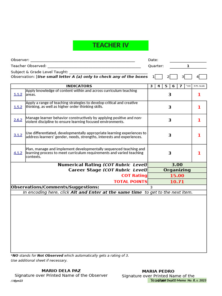 Teacher Observation and COT Rating Form | PDF | Learning | Teachers