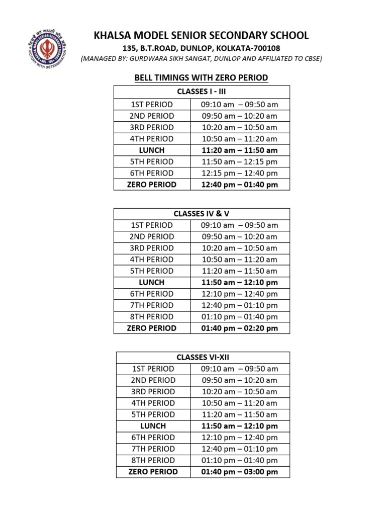 Khalsa School Bell Timings Schedule | PDF