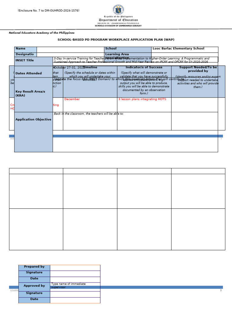 Enclosure No. 12 PD Program Workplace Application Plan Template2 | PDF ...