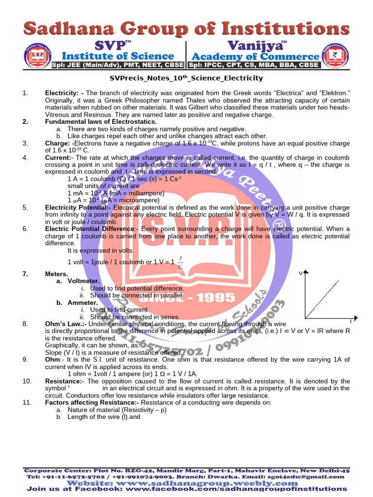Svprecis Notes 10th Science Electricity | PDF | Electric Charge ...
