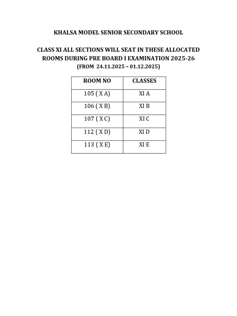 Class XI Pre-Board Exam Room Allocation | PDF