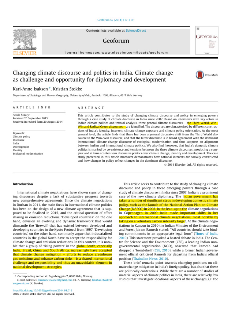Changing Climate Discourse and Politics in India. Climate Change As ...