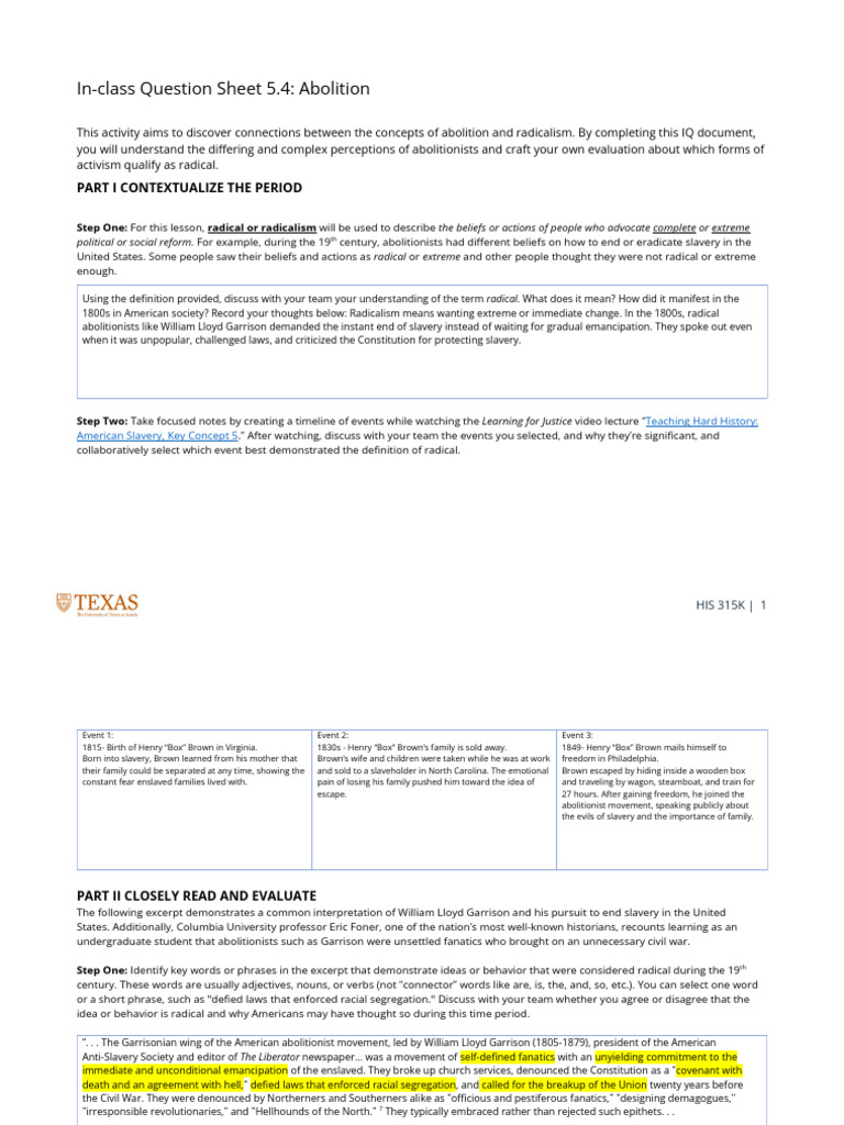 In-Class Question Sheet 5.4: Abolition: Part I Contextualize The Period ...