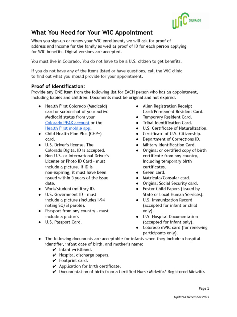 WIC - What You Need For WIC Cert - Recert Appt - English | PDF ...