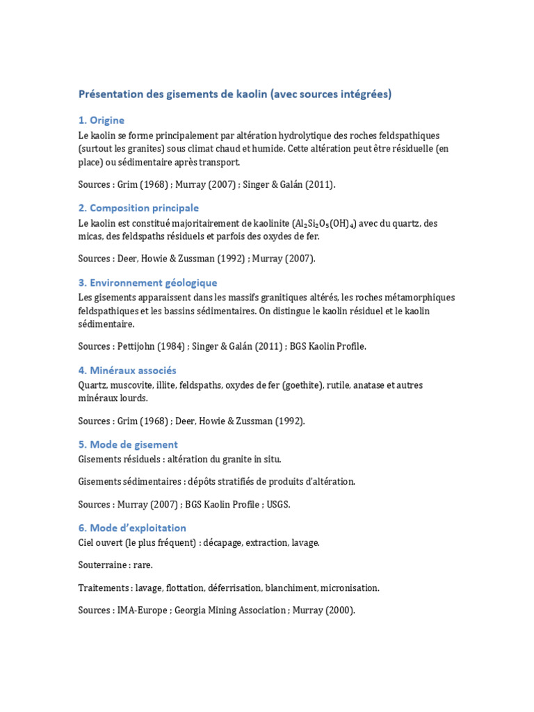 Gisements de kaolin : origine et utilisation | PDF | Granit | Roche ...