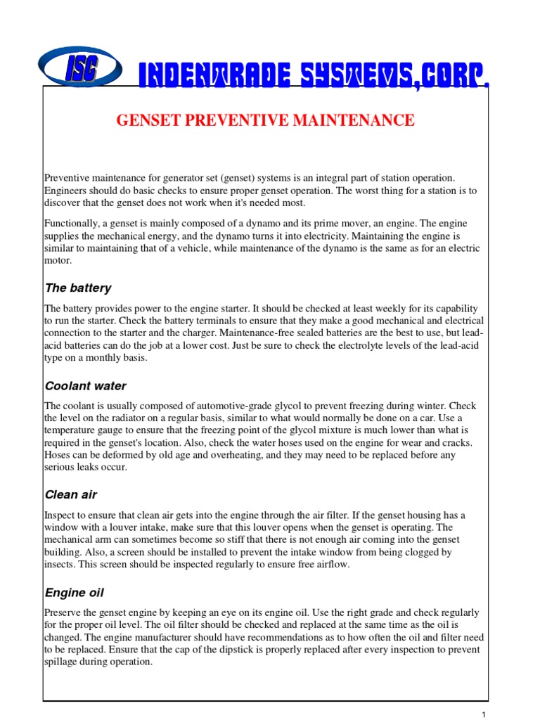 Genset Preventive Maintenance | PDF | Battery (Electricity) | Battery ...