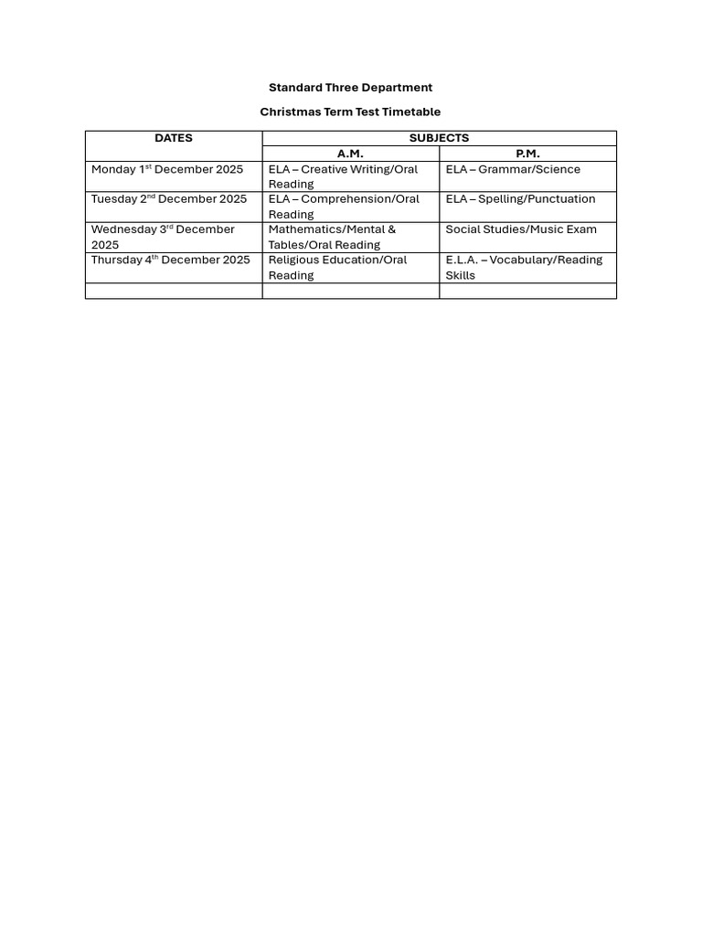Standard Three Department Christmas Term Test Timetable Update | PDF