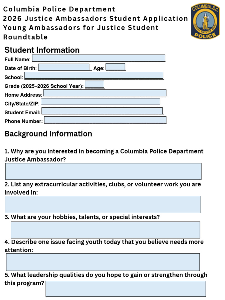 Columbia Police Justice Ambassadors Application | PDF